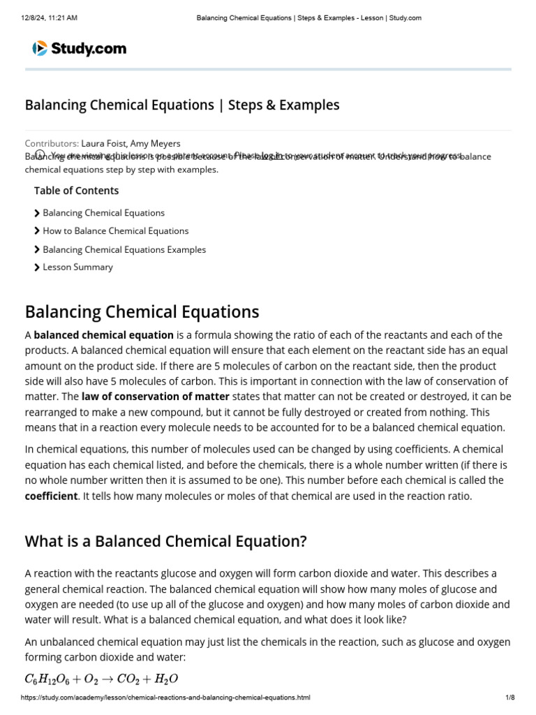 Balancing Chemical Equations - Steps & Examples - Lesson 7 | PDF ...