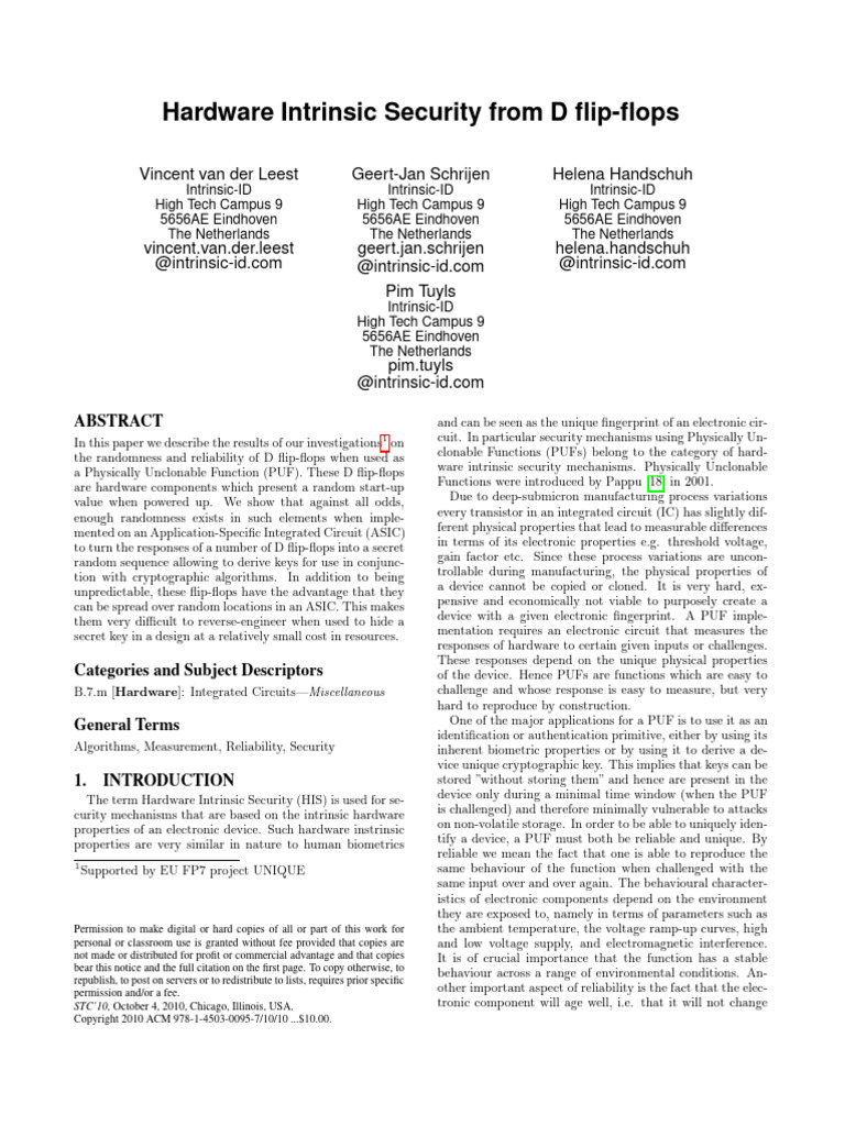 (2010 - Vandeleest) Hardware Intrinsic Security From D Flip-Flops | PDF | Electronics | Computer ...