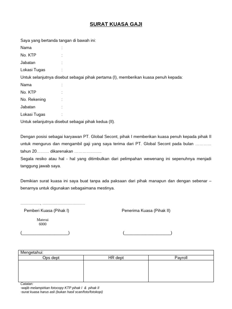 Surat Kuasa Pengambilan Gaji PT Global Secont | PDF