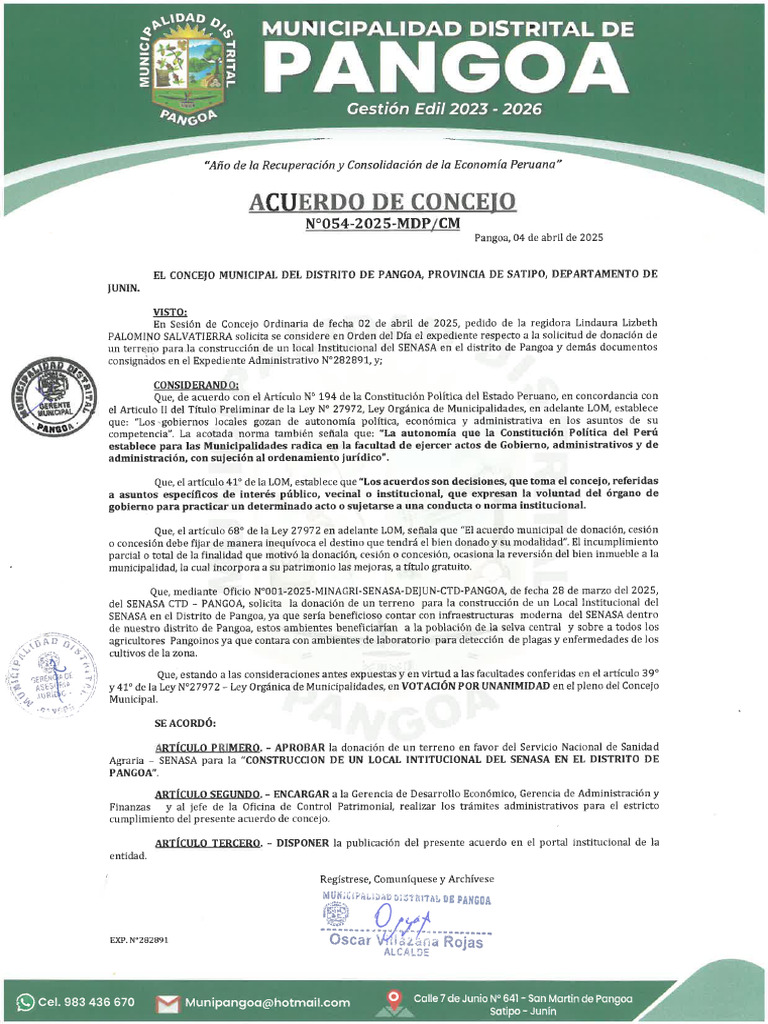 ACUERDO DE CONCEJO N°054-2025-MDP-CM-SENASA | PDF