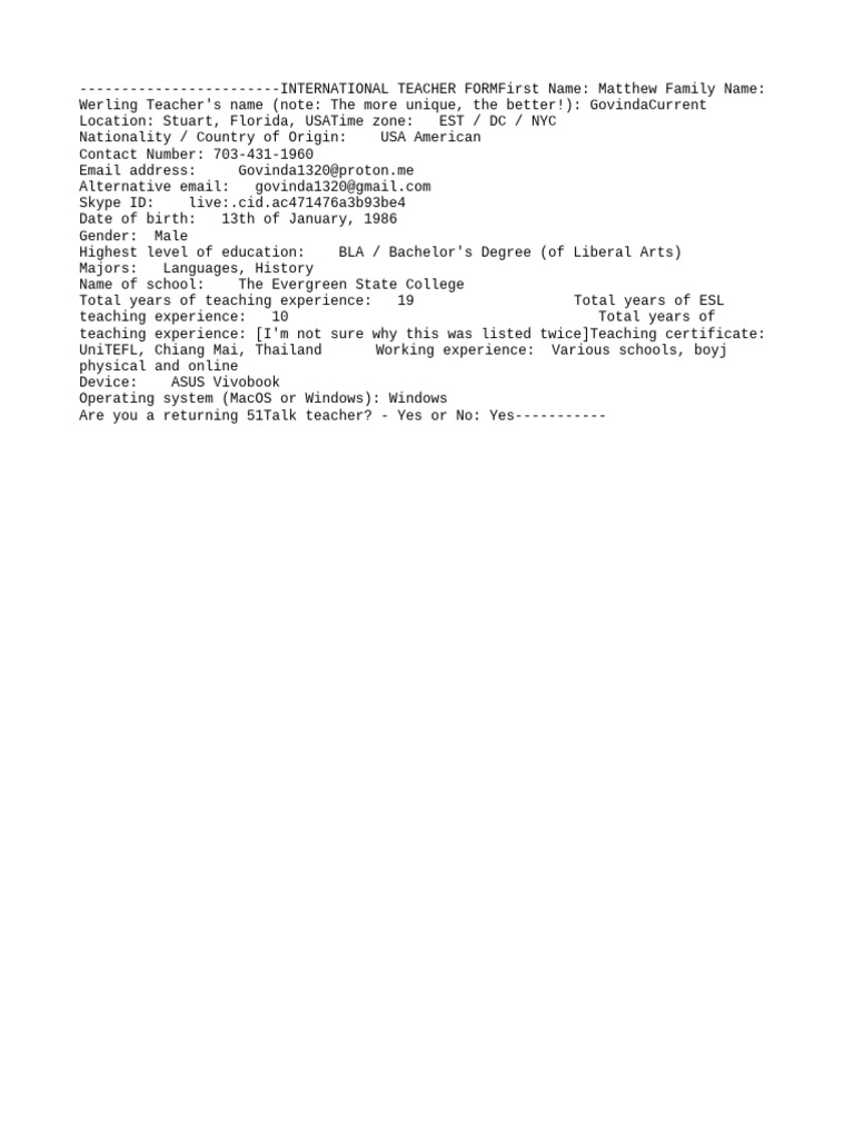 Returning Teacher Application for 51Talk | PDF
