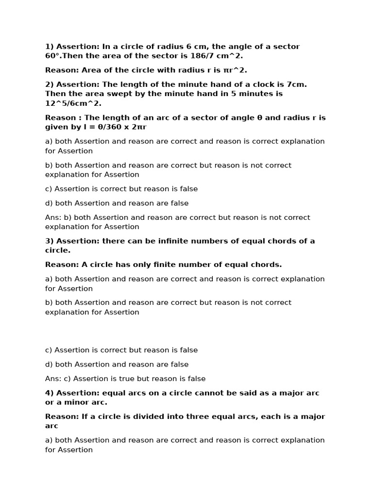 Assertion Reasoning Maths CLASS 9 | PDF | Circle | Angle