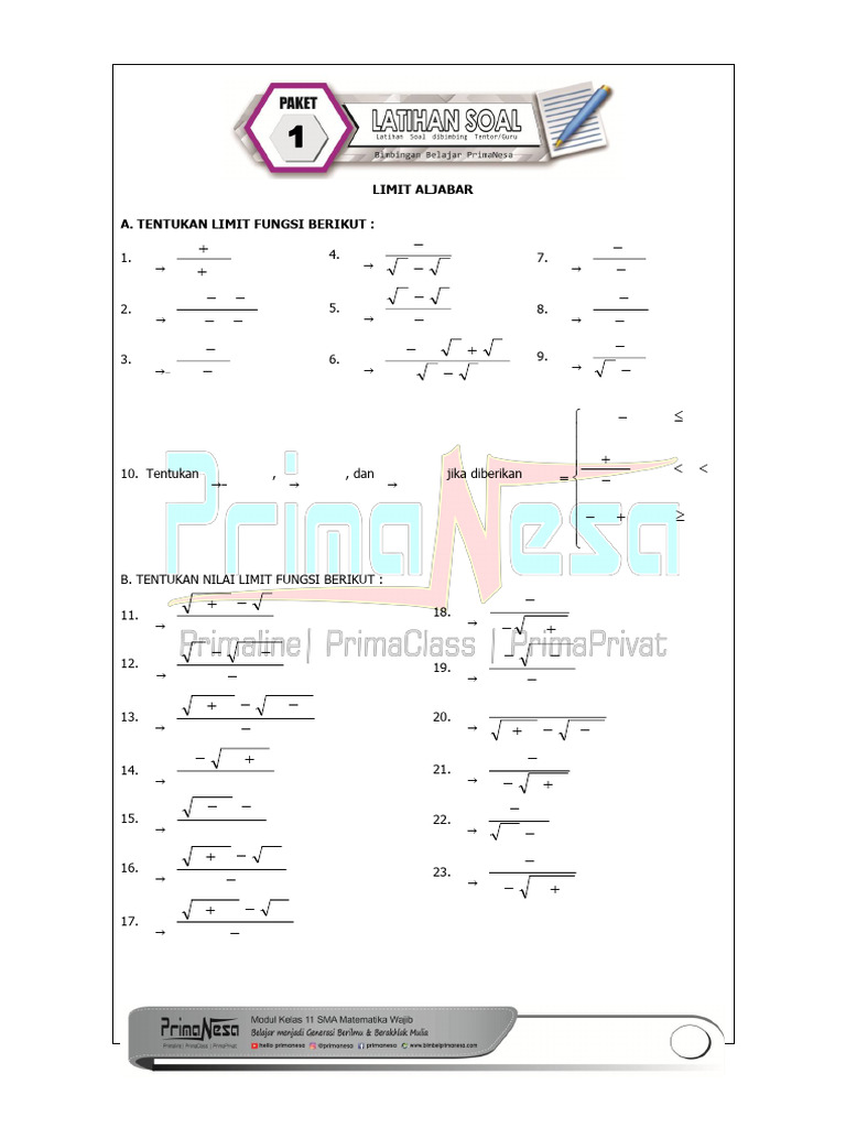 7 Latihan Soal 1 Limit Aljabar | PDF