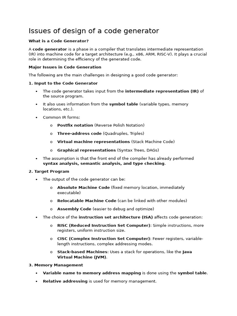 Issues of design of a code generator | PDF | Parsing | Compiler