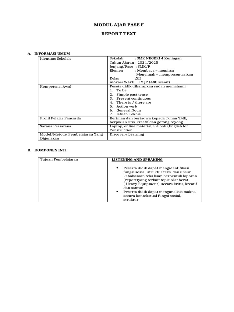 MODUL AJAR REPORT TEXT | PDF