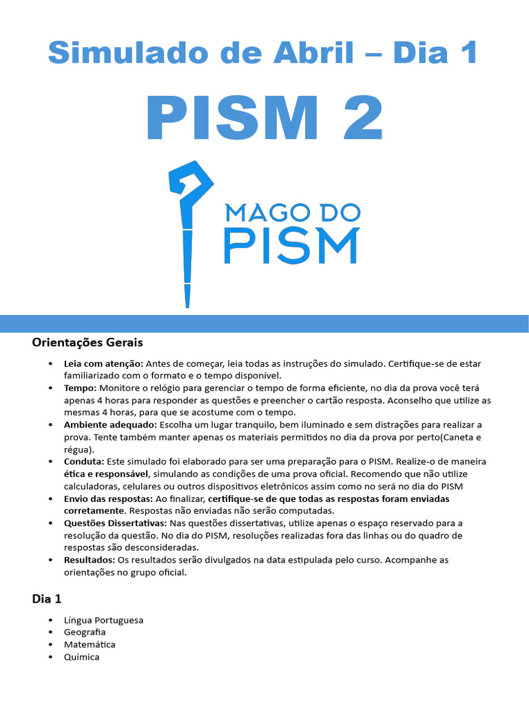 Simulado PISM 2: Dia 1 - Orientações e Questões | PDF | Brasil | Sequência