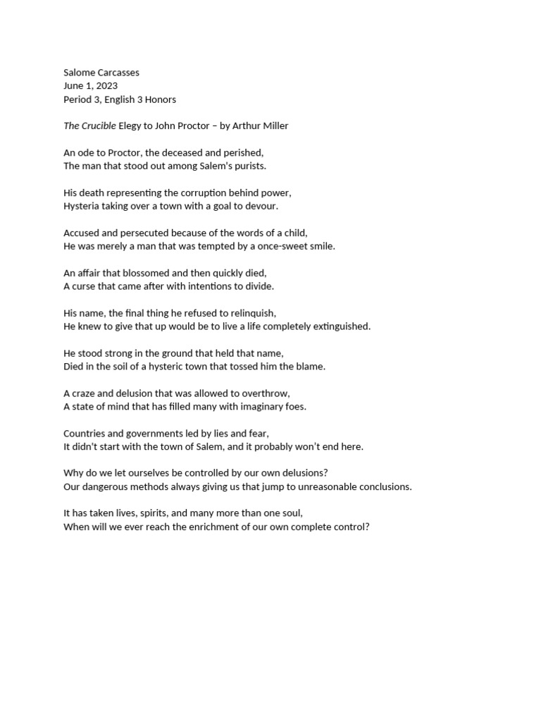 Elegy for John Proctor in The Crucible | PDF