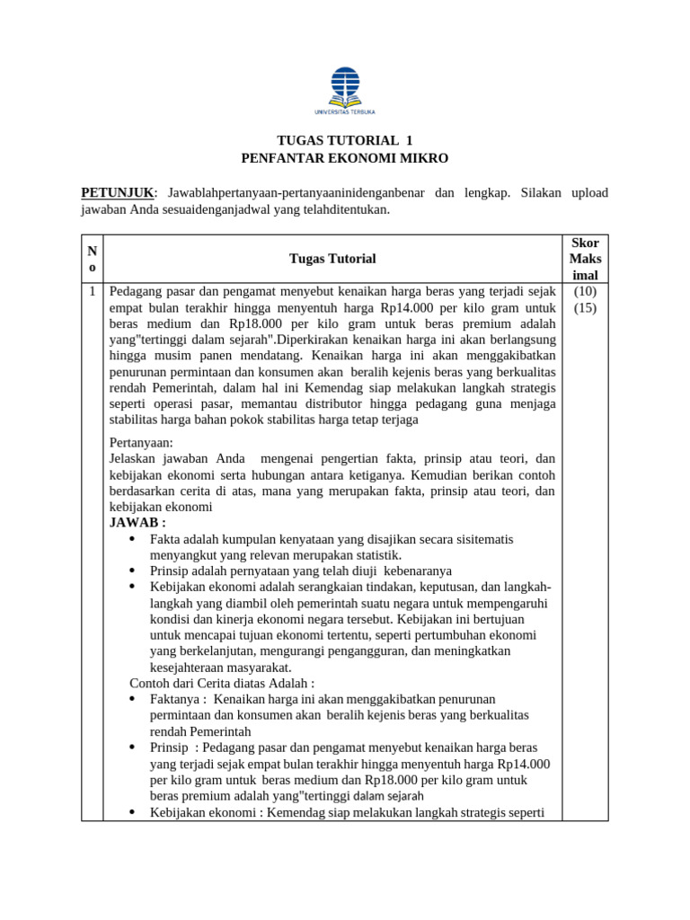 Tugas Tutorial 1 PENGANTAR EKONOMI MIKRO AGUNG WARDANI | PDF