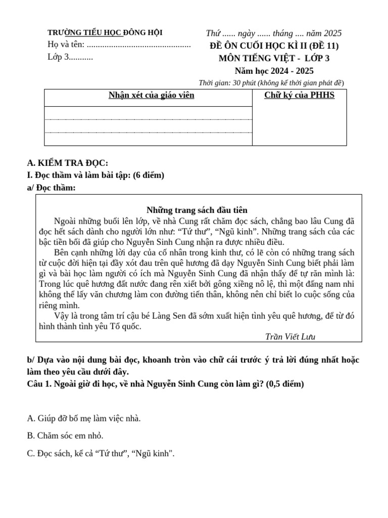 De KT Cuoi Ki 2 TV Lop 3 de 11 | PDF