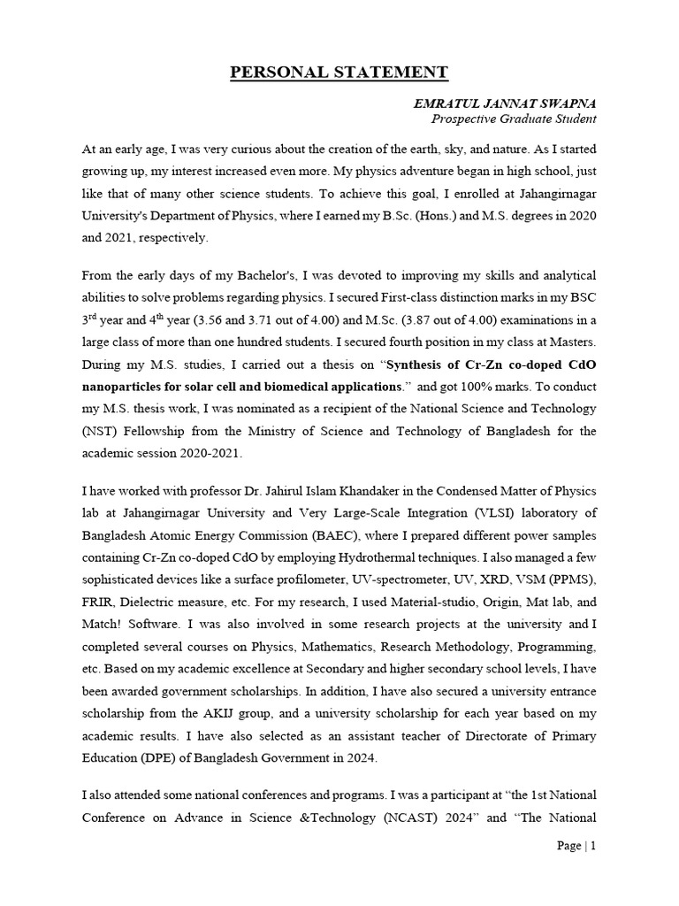 Graduate Physics Student Personal Statement | PDF | Physics | Science