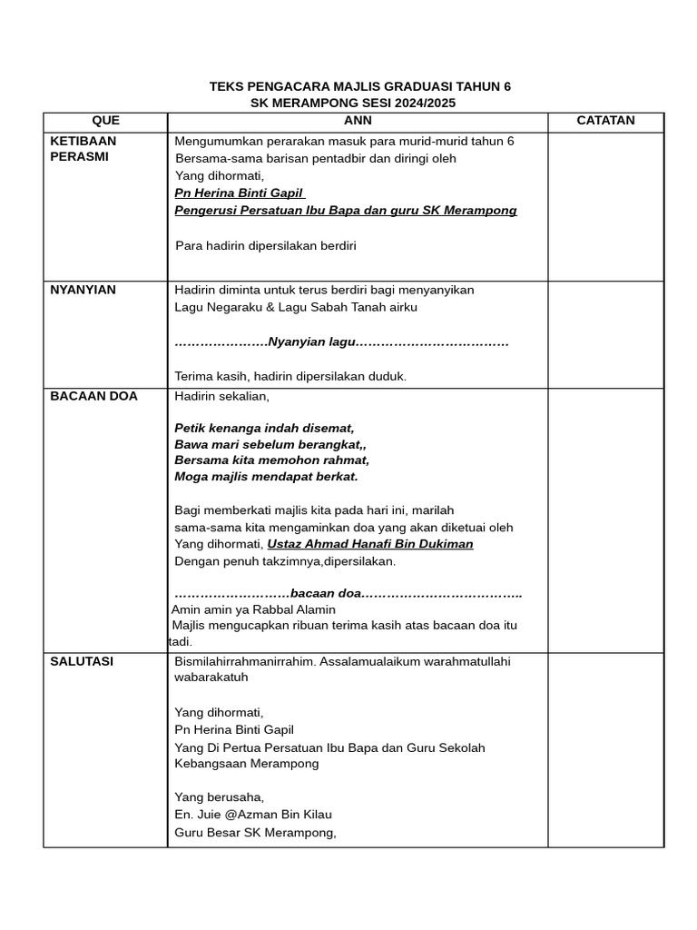Teks Pengacara Majlis Graduasi Tahun 6 | PDF