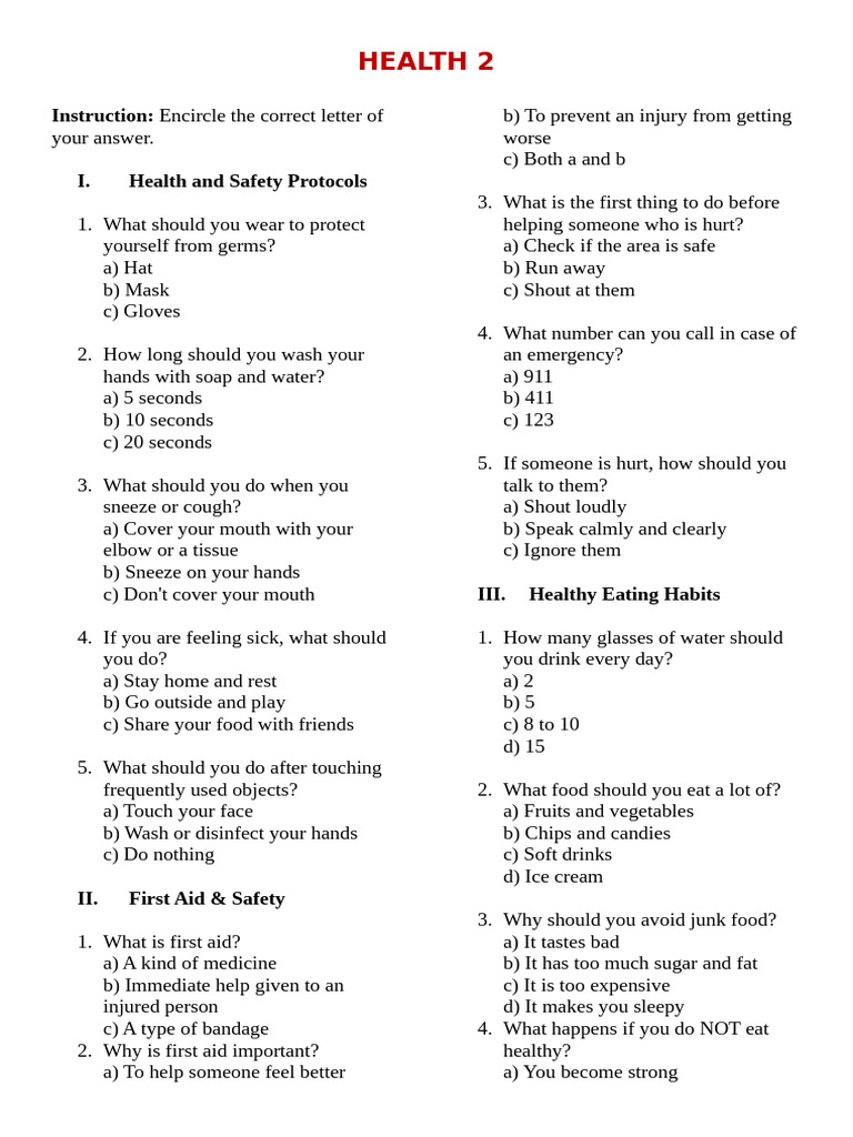 Health and Safety Quiz for Kids | PDF | Junk Food | Foods