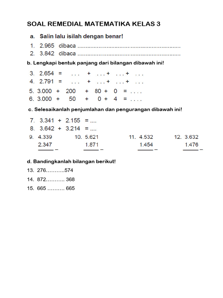 SOAL REMEDIAL MATEMATIKA KELAS 3 | PDF