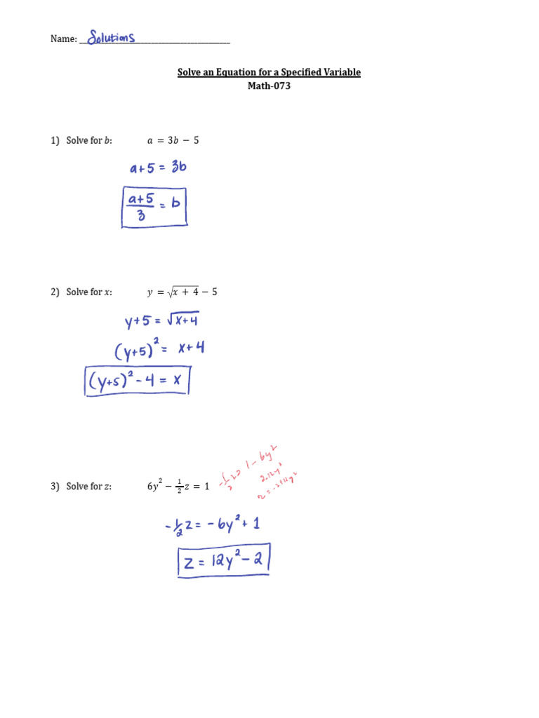 Solve An Equation For A Specified Variable - Solutions | PDF