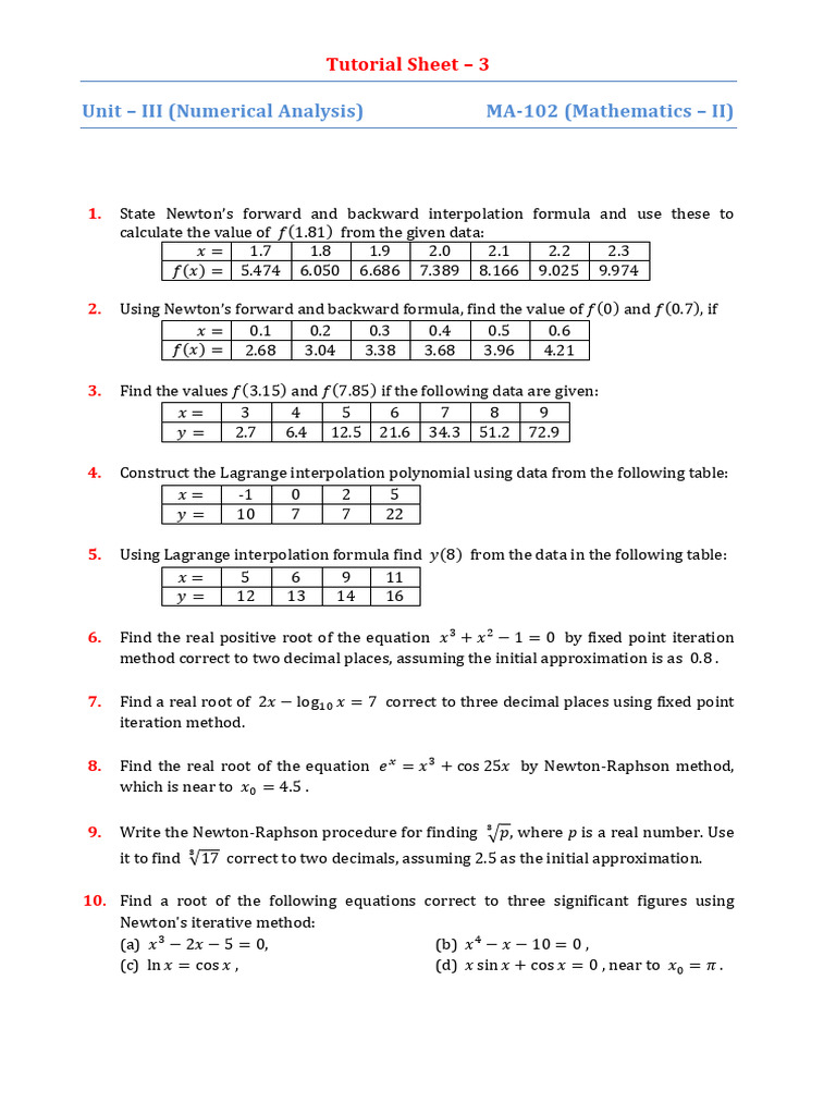 Tutorial Sheet 3 (NA) MA102 | PDF | Numerical Analysis | Equations