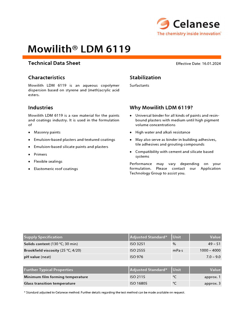 Mowilith LDM 6119 Technical Data Sheet | PDF | Paint | Building Engineering