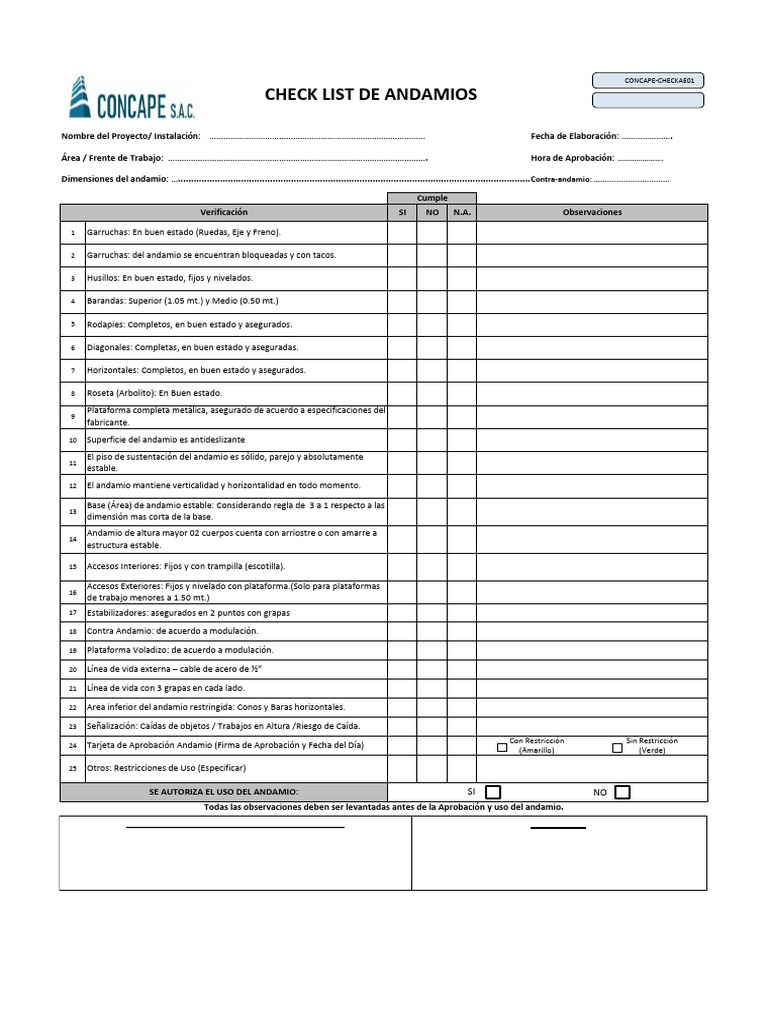 Check List de Inspección de Andamios | PDF