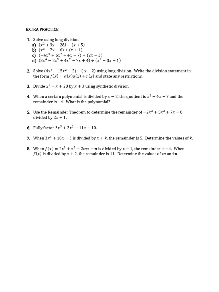 Polynomial Division Extra Practice | PDF