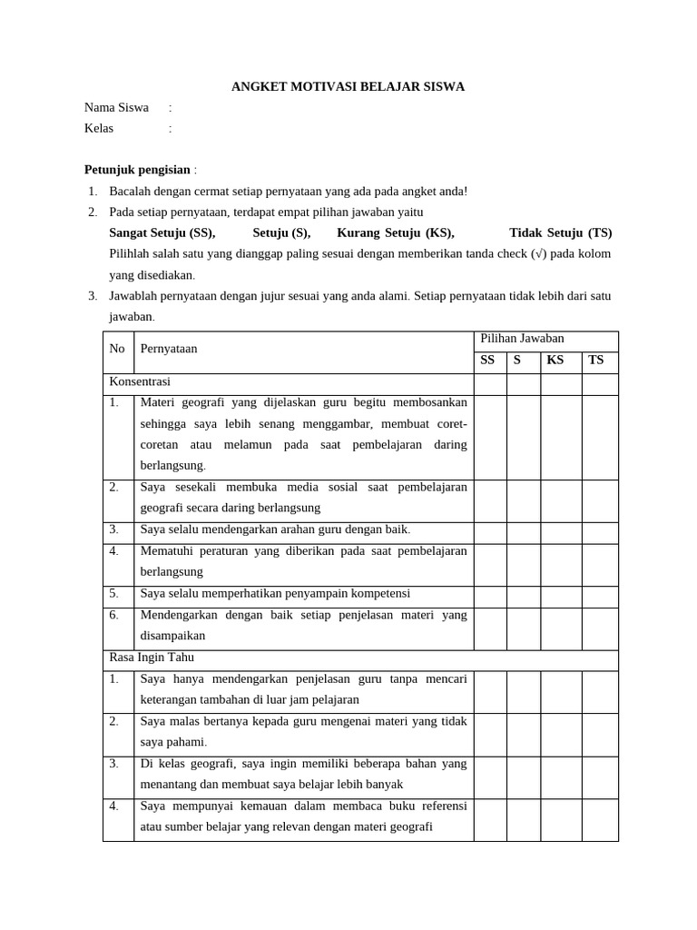 Angket Motivasi Belajar Siswa | PDF