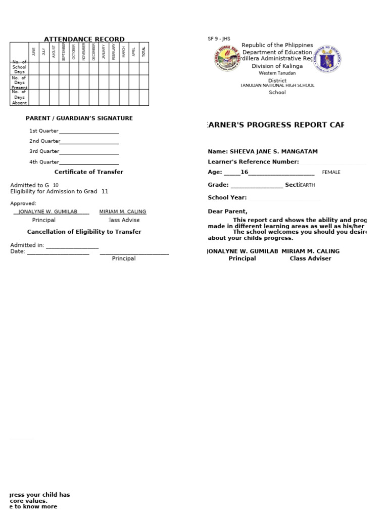 SF9 (Learners Progress Report Card) Template for JHS | PDF | Behavioural Sciences | Cognition