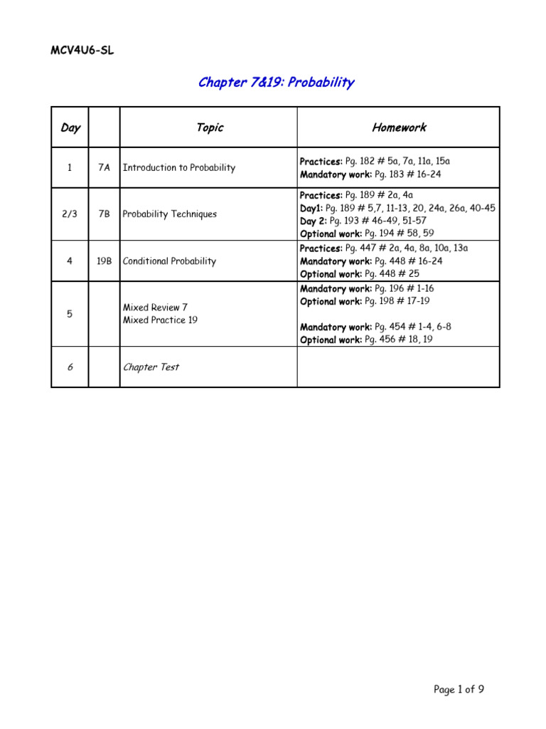MCV4U6 Chapter 7 & 19B Package | PDF | Probability | Probability Theory
