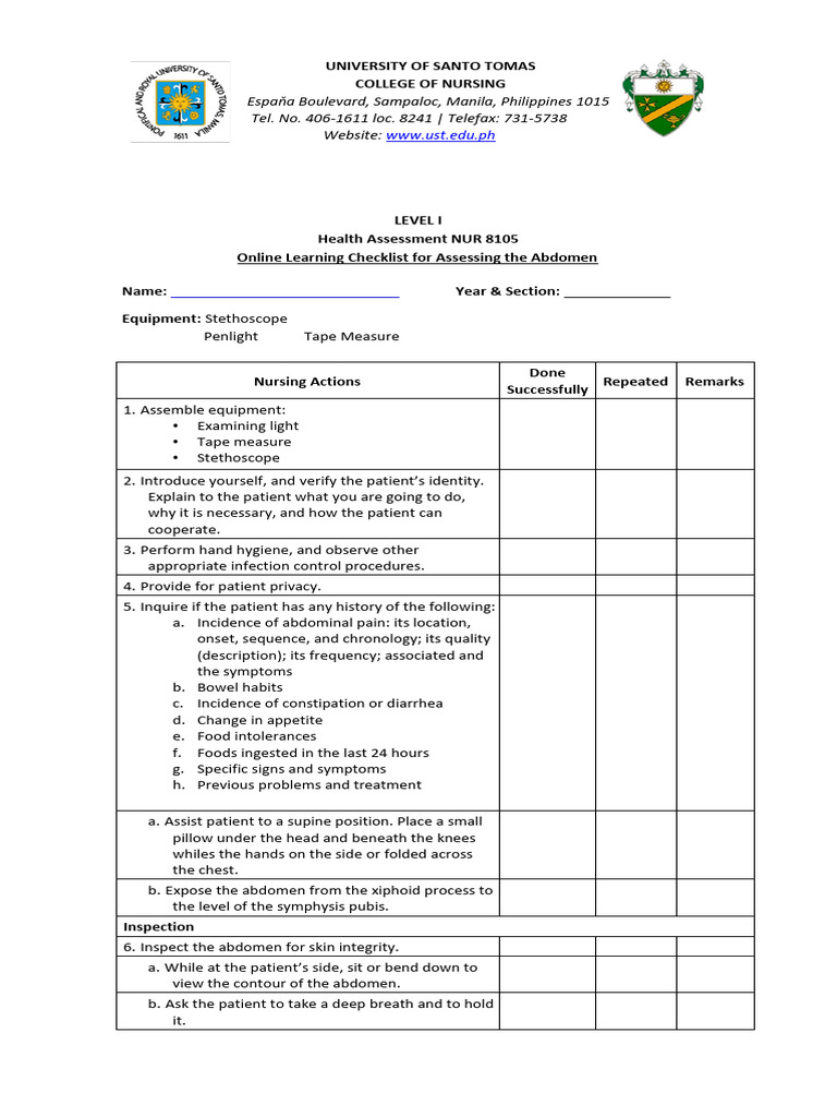 Checklist For HA - GUGI ASSESSMENT | PDF | Abdomen