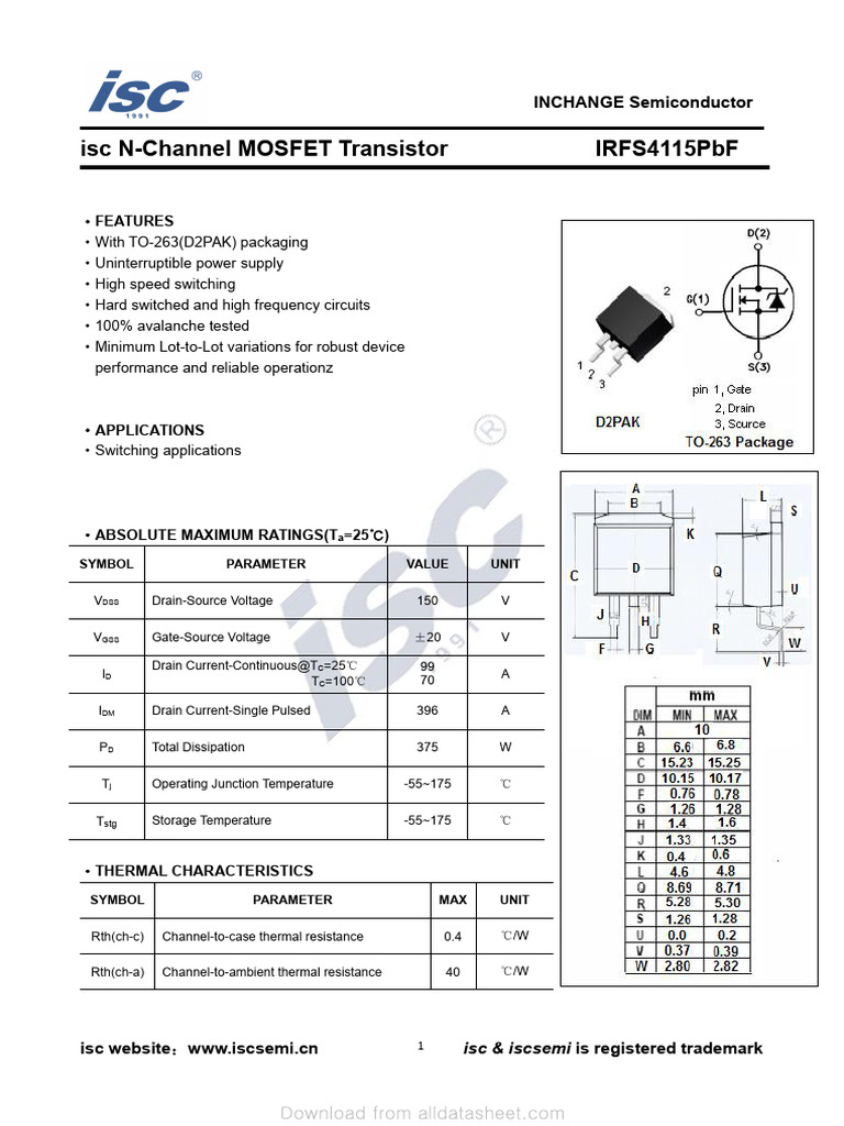 IRFS4115PBF MOSFET FE | PDF | Field Effect Transistor | Mosfet