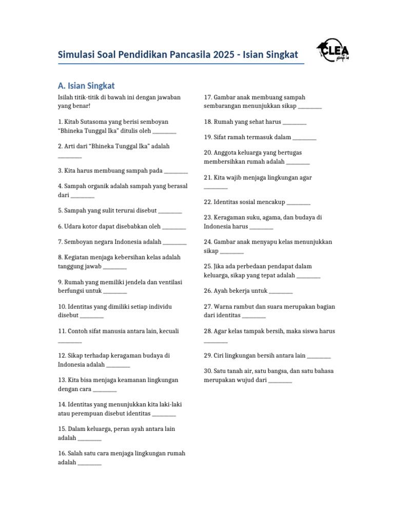 Simulasi Soal Pendidikan Pancasila 2025 Isian | PDF