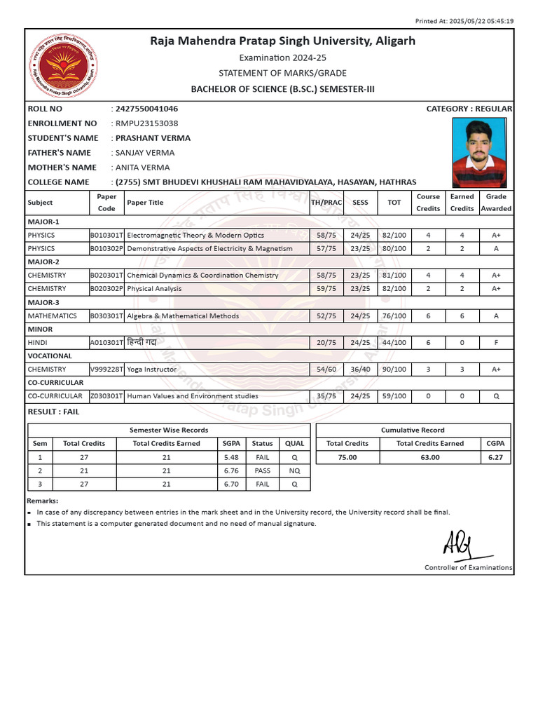 Third Semester Marksheet | PDF | Mathematics