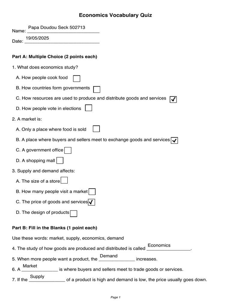 Economics Vocabulary Quiz for Students | PDF