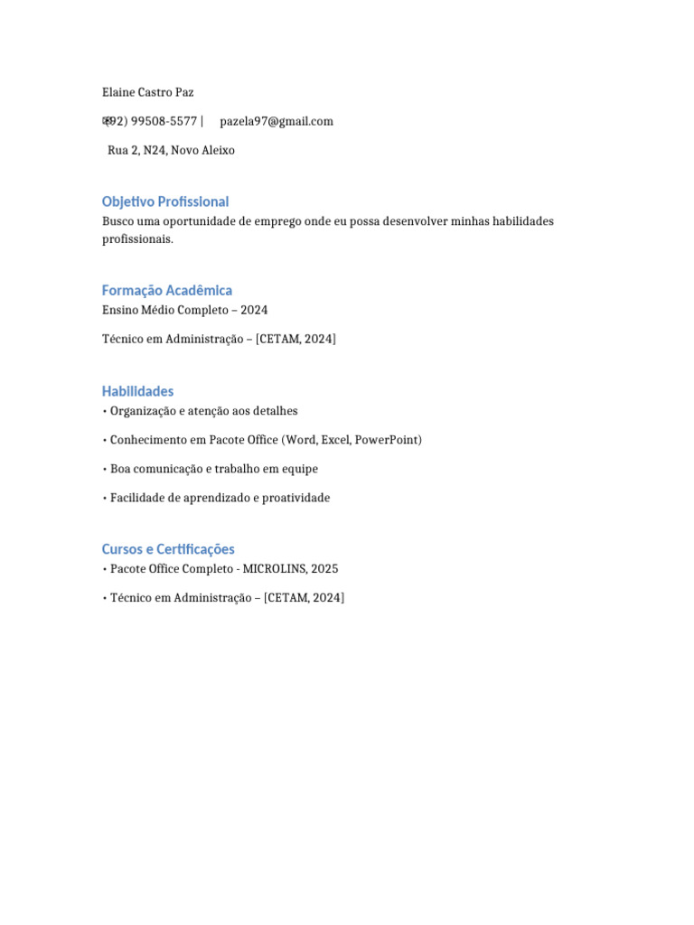 Curriculo Elaine Castro Paz Atualizado | PDF