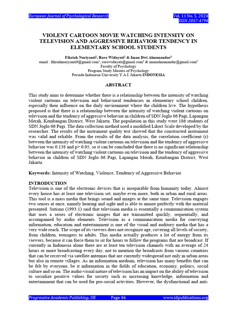 Violent Cartoon Movie Watching Intensity On Television and Aggresive ...