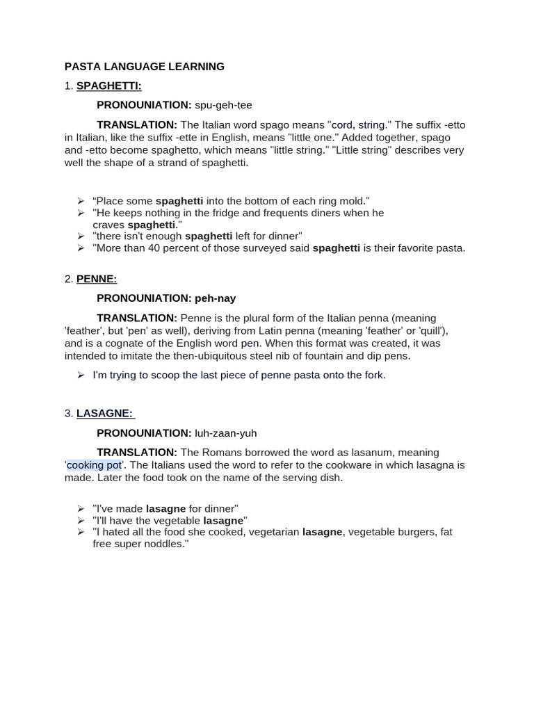 Pasta Language Learning | PDF | Pasta | Spaghetti