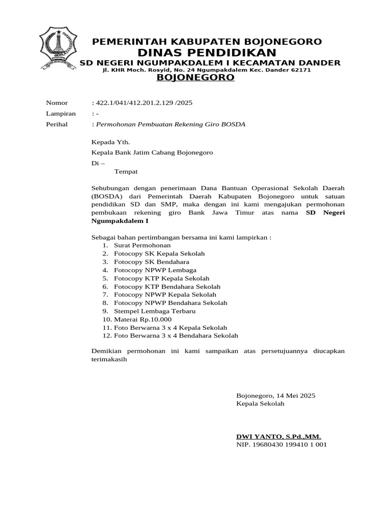 Surat Permohonan Pembuatan Rekening Bosda SD Negeri Ngumpakdalem I ...