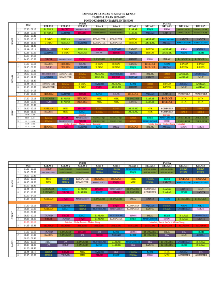 Jadwal Pelajaran Genap 2024 - 2025 Pusat | PDF