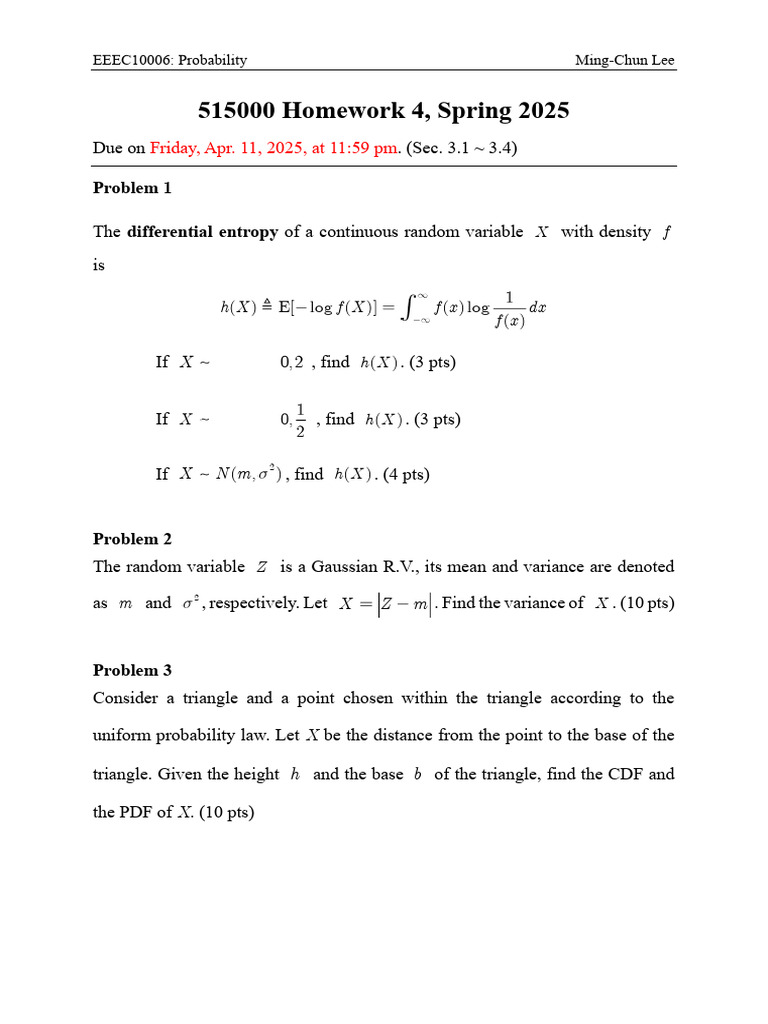 Homework Problem Set 4 Revised | PDF | Probability Density Function | Normal Distribution