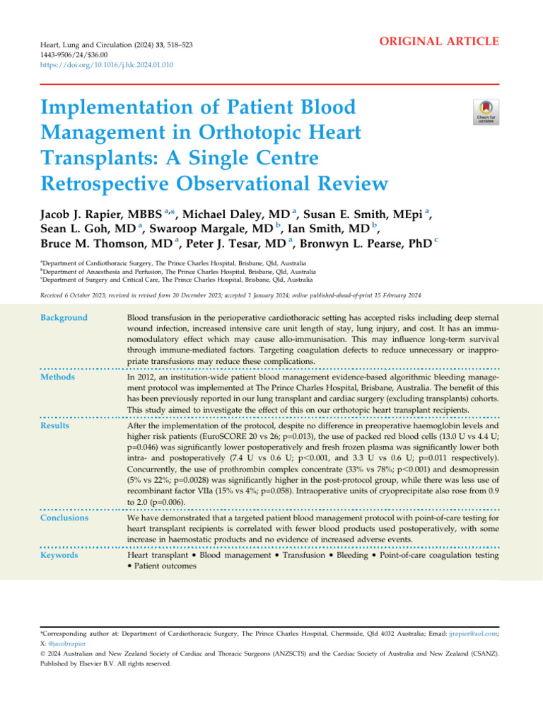 Implementation of Patient Blood | PDF | Bleeding | Cardiothoracic Surgery
