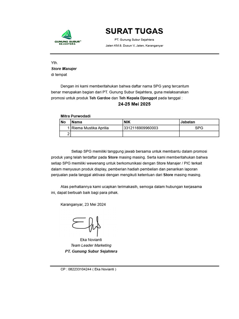 Surat Tugas MT - mitra kra 2 | PDF
