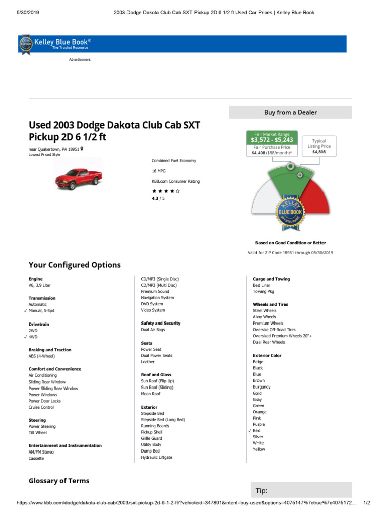 2003 Dodge Dakota Club Cab SXT Pickup KBB | PDF | Used Car | Automotive ...