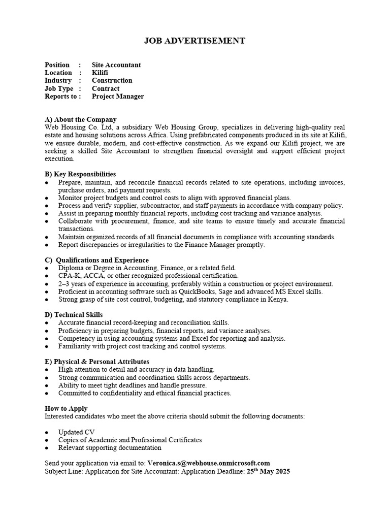Site Accountant Job Opening in Kilifi | PDF | Accounting | Accountant