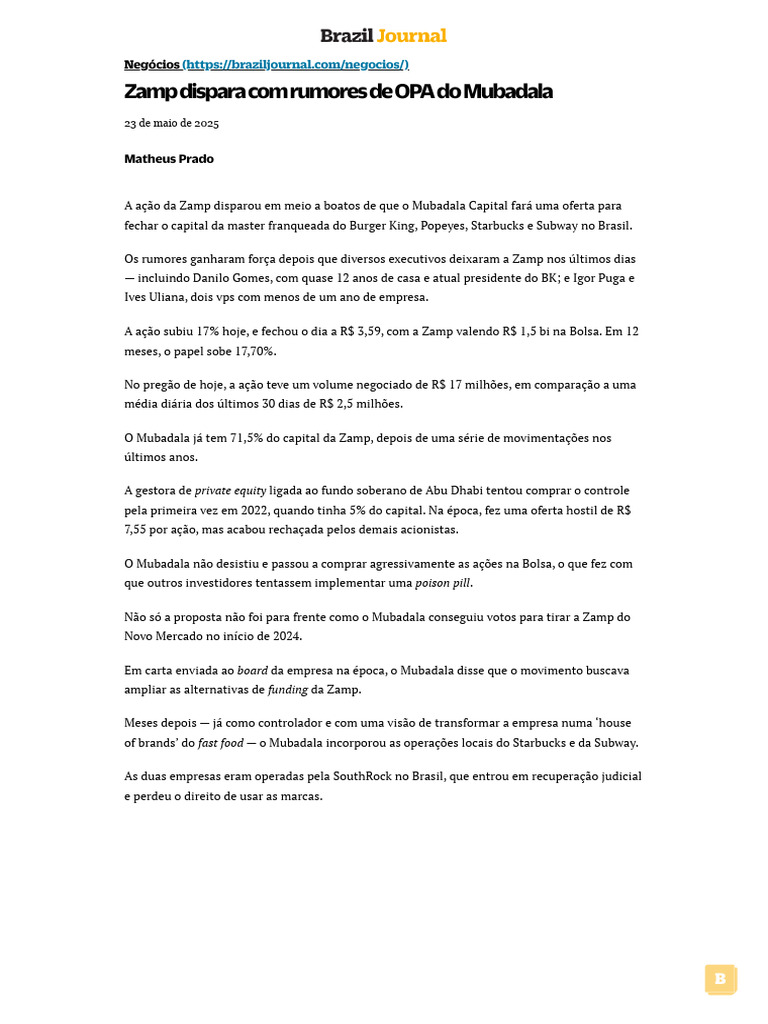 Zamp Dispara Com Rumores de OPA Do Mubadala - Brazil Journal | PDF