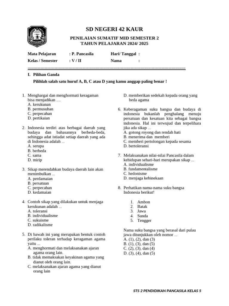 Soal PKN MID Kls 5 SMT 2 | PDF