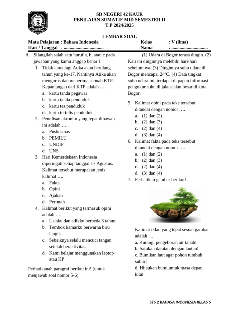 Soal B. INDO MID Kls 5 SMT 2 | PDF