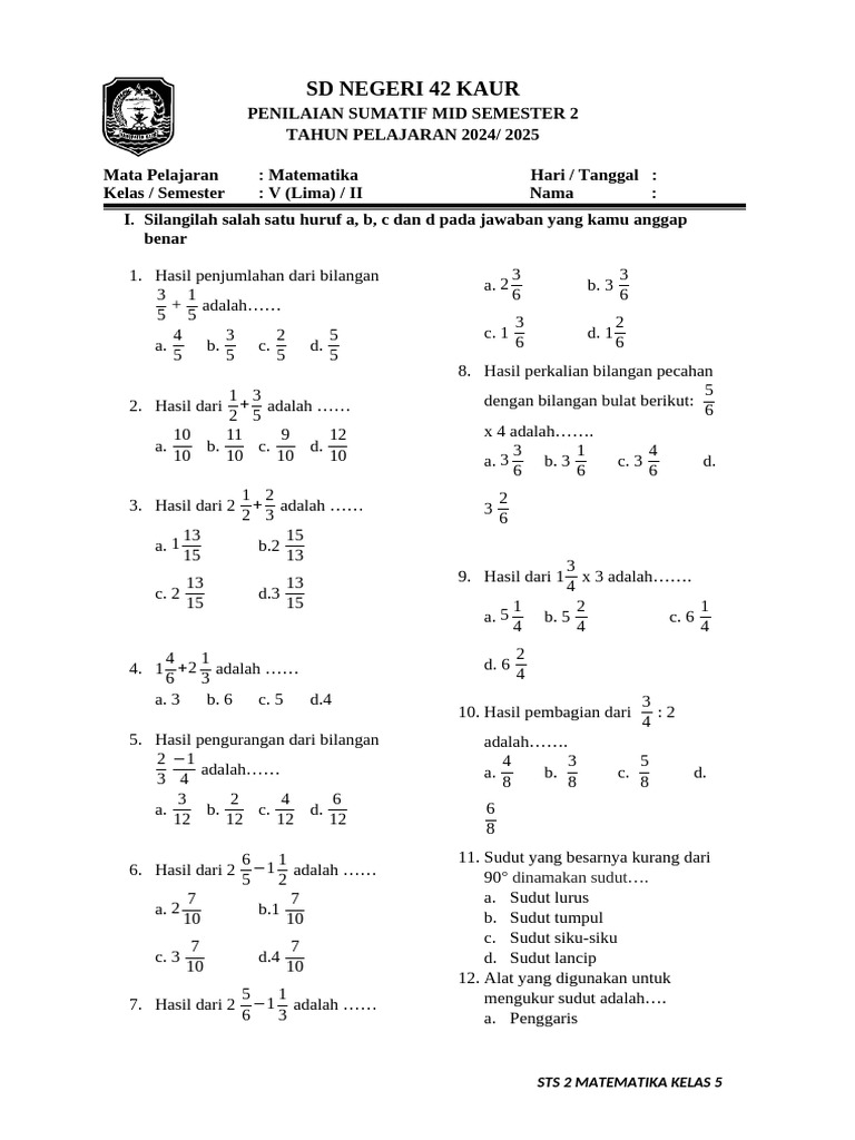 Soal MTK UAS Kls 5 SMT 2 | PDF