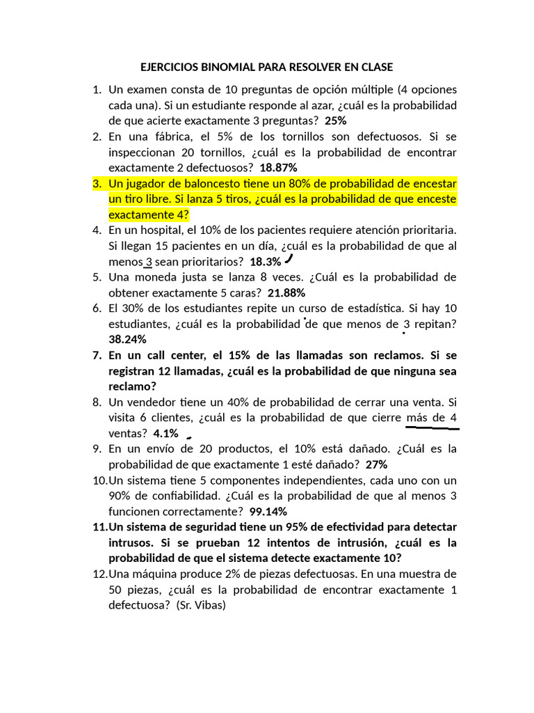 Ejercicios Binomial para Resolver en Clase | PDF