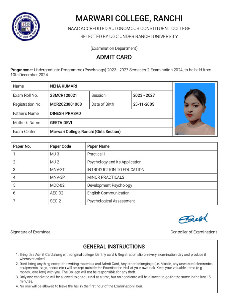 Admit Card-1 | PDF | Educational Stages