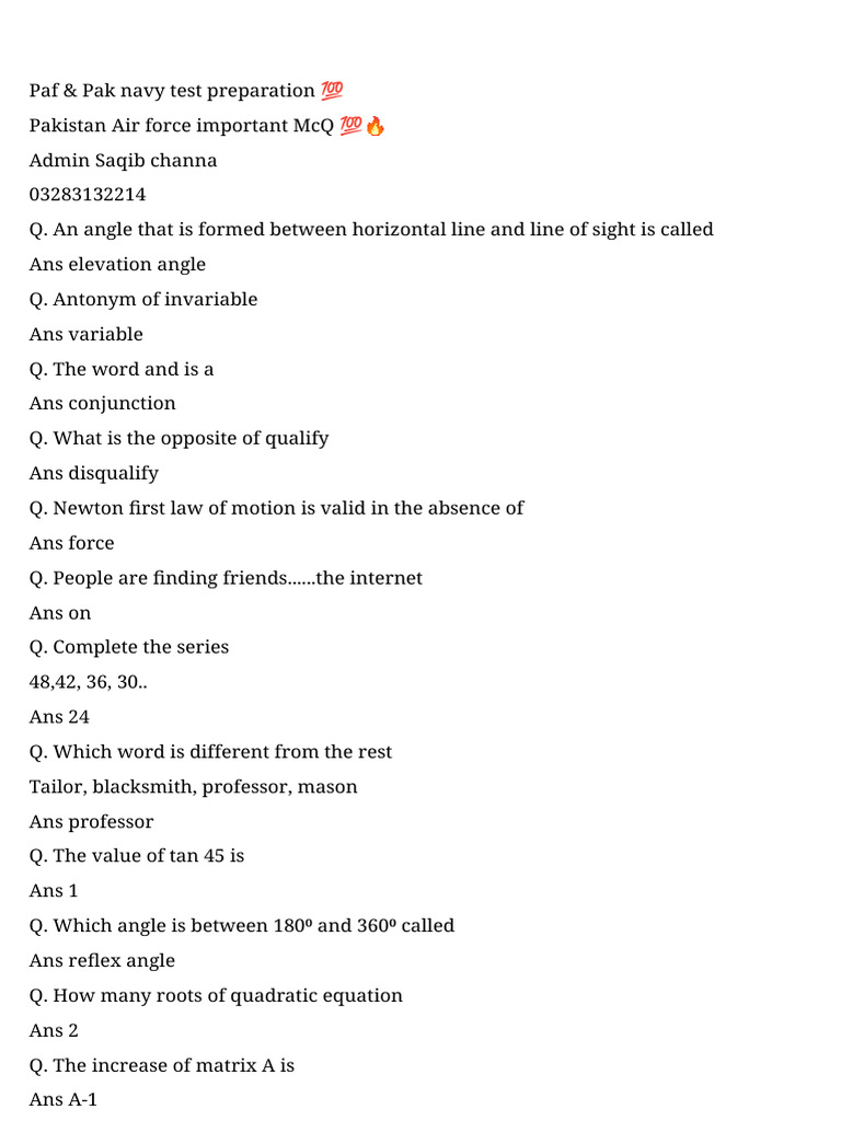 Paf, Navy Army 2025 Important MCQ | PDF | Force | Newton's Law Of Universal Gravitation