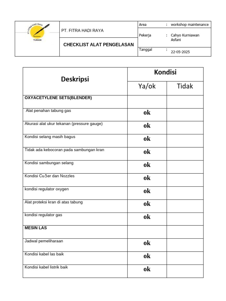 Checklist Alat Pengelasan 2025 | PDF