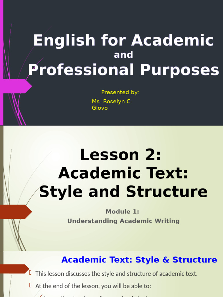 English For Acad Lesson 2 Academic Text Style and Structure Student ...