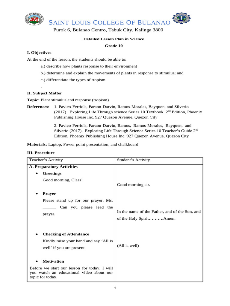 Detailed Lesson Plan in Science 10 Plant stimuli and response | PDF ...